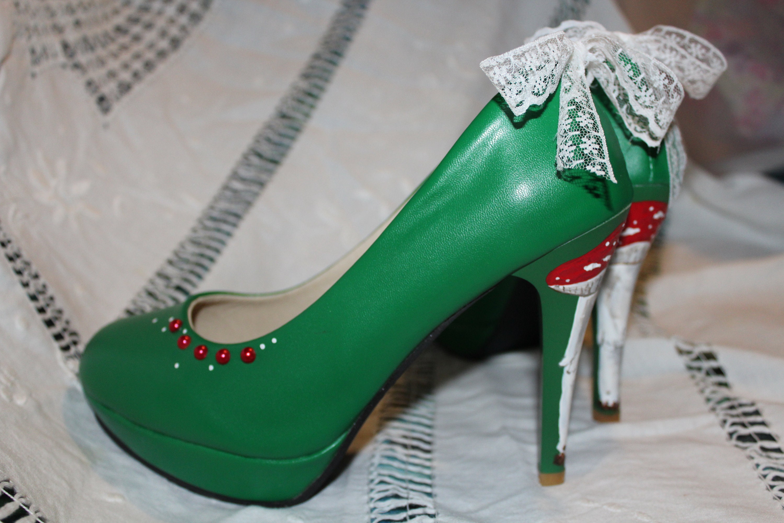 Customised & Hand Painted Emerald Green Toadstool Heel Shoes - Etsy