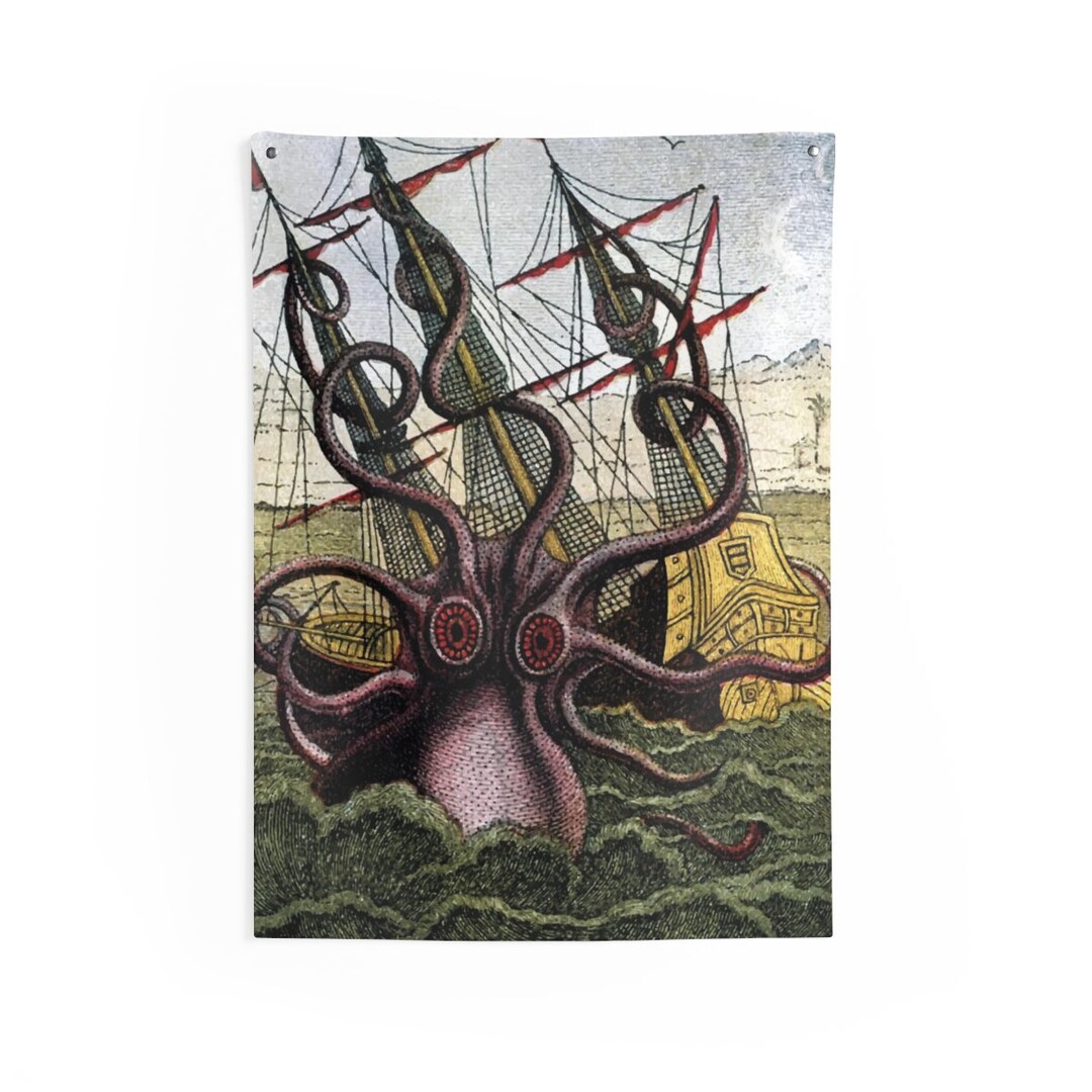 Kraken Attacks Ship V2, Indoor Wall Tapestry, Vintage, Antique ...