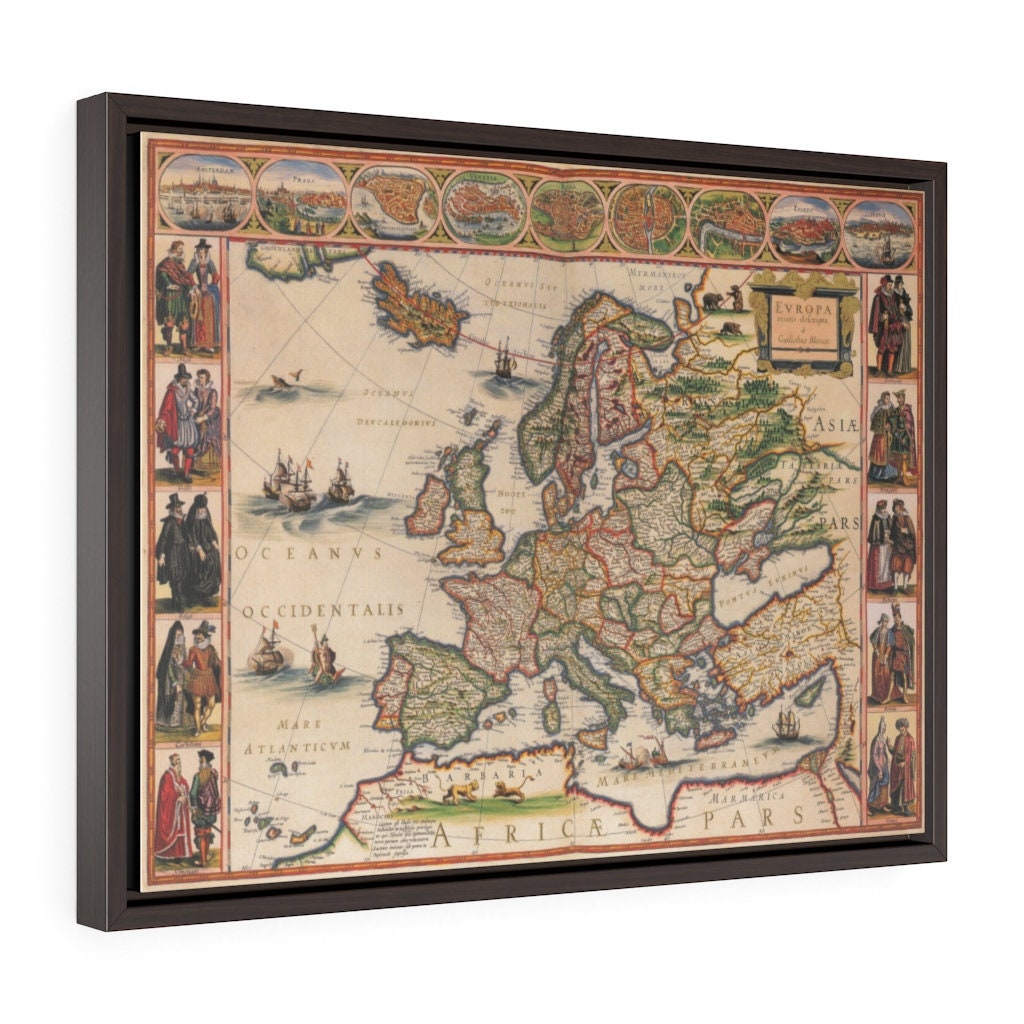 17th Century Map Of Europe, 24x18 Framed Canvas Print, Willem Blaeu, Circa 1635, Room Decor