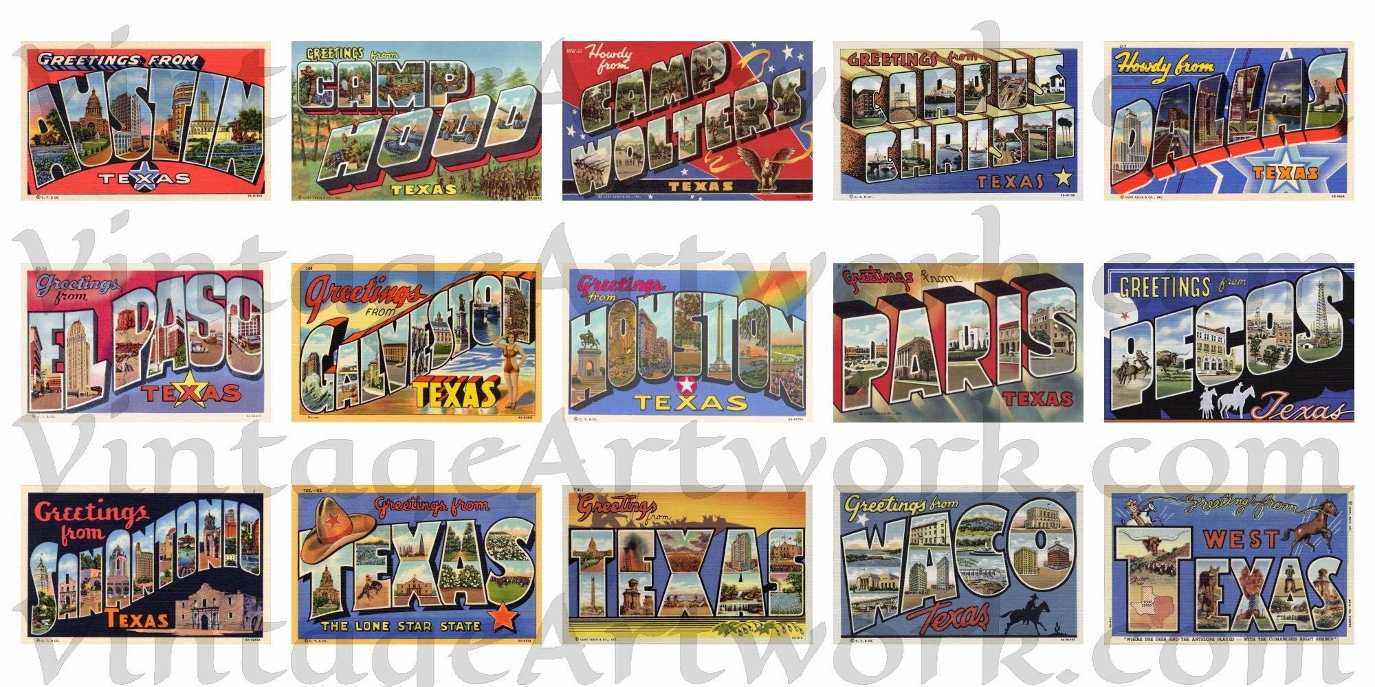 15 Different Greetings From Texas Postcard Fronts, Digital Download ...