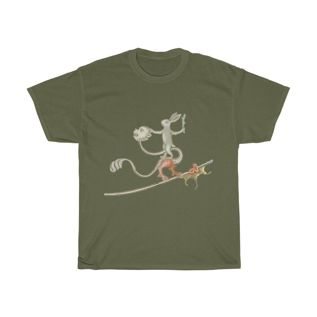 Medieval Rabbit Rides Monkey Dragon T-shirt, Dark Colors, From Medieval ...