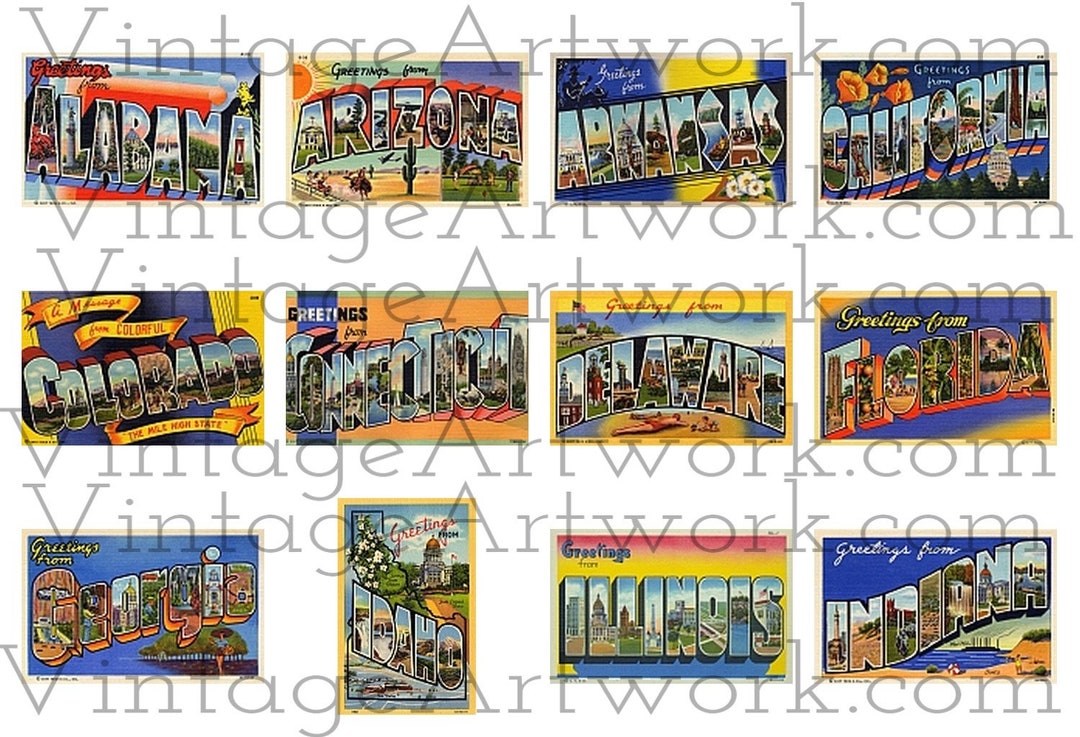 48 U.S. State Postcards - Digital Images of Antique Vintage, Large ...