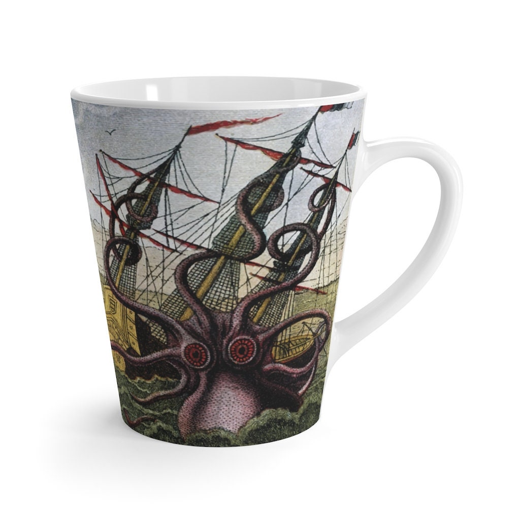 Kraken Attacks! 12oz Ceramic Latte Mug, Octopus, Giant Squid, Sea ...
