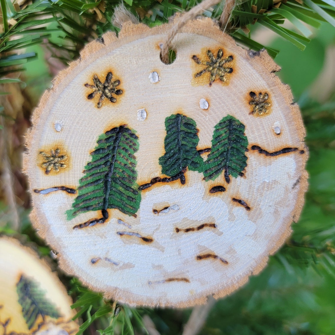 Wood Burned Wood Round Christmas Ornaments Set of 3 | Etsy