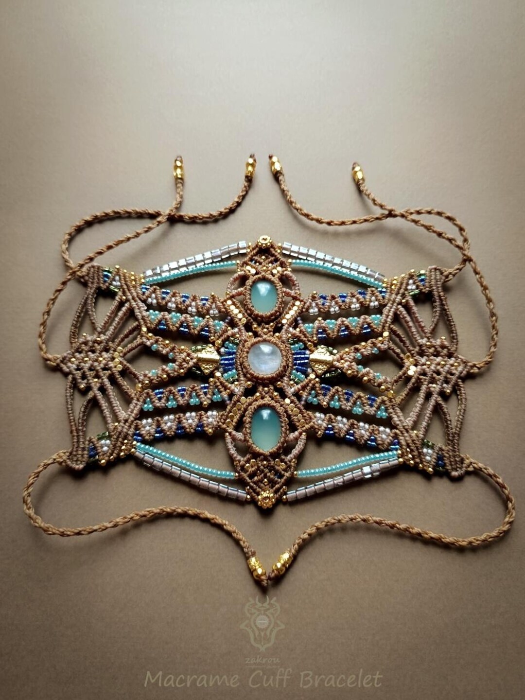 Macrame Boho Cuff Bracelet With Moonstone & Aquamarine, Bohemian Chic ...