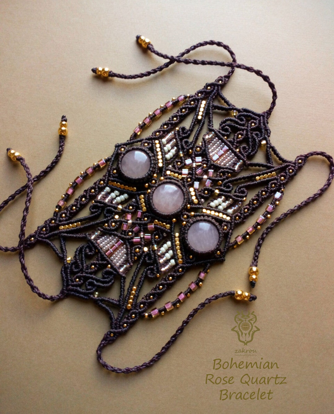 Boho Hippie Macrame Bracelet With Natural Rose Quartz Stones, Festival ...