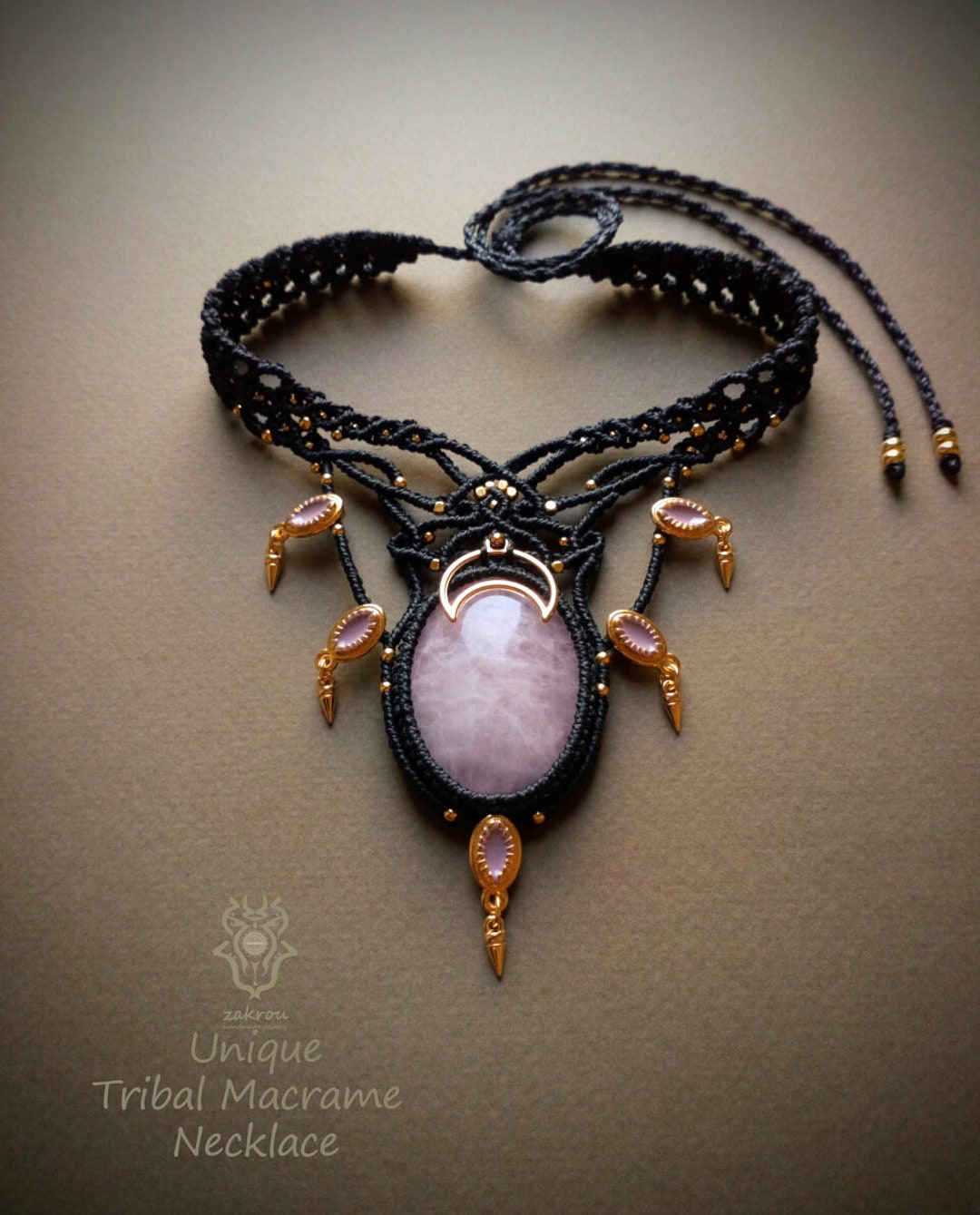 Tribal Macrame Necklace With Natural Rose Quartz, Festival Choker ...