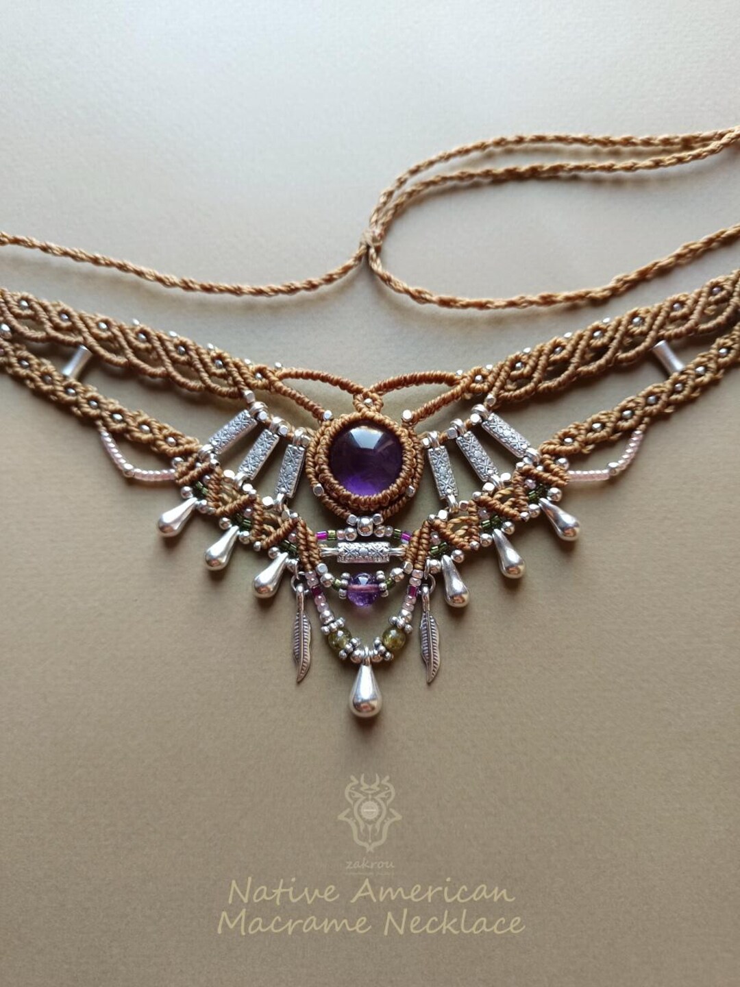 Native American Macrame Necklace With Amethyst, Ethnic Macrame Necklace ...
