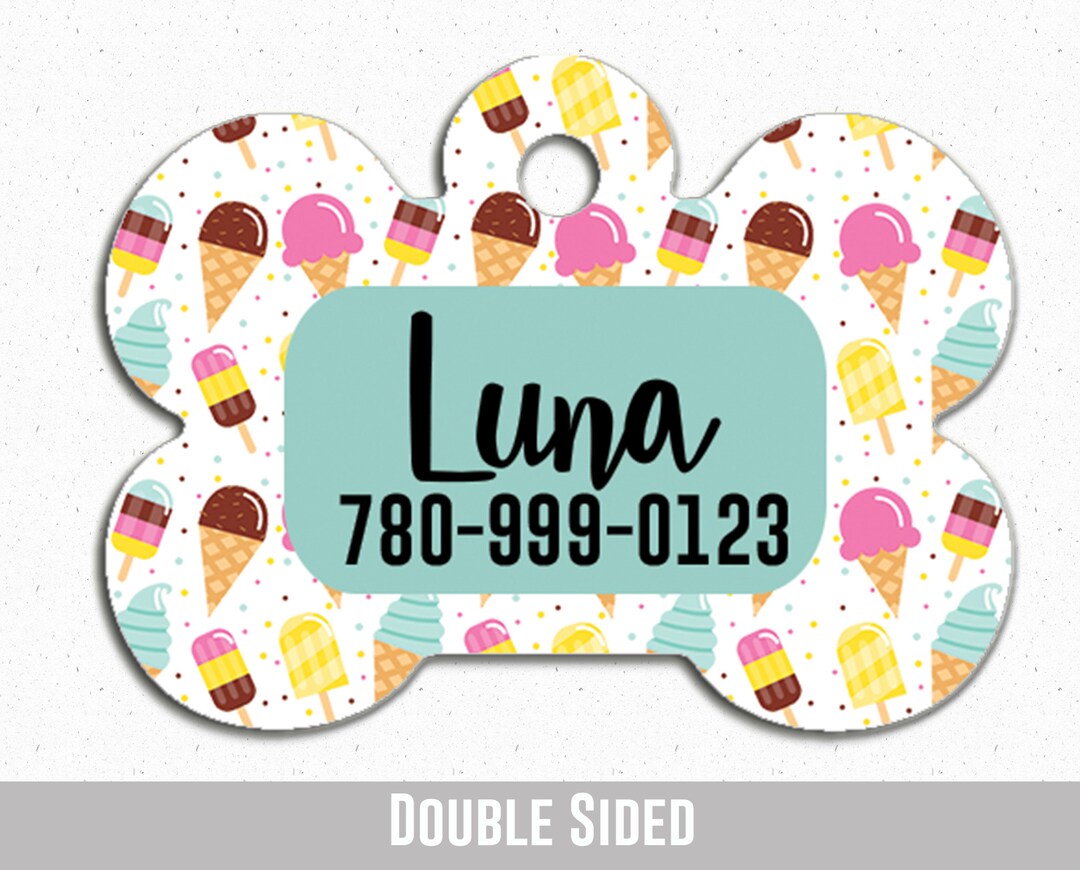 Ice Cream Pet ID Tag; Bone Shaped Dog Tag; Double Sided Personalized ...