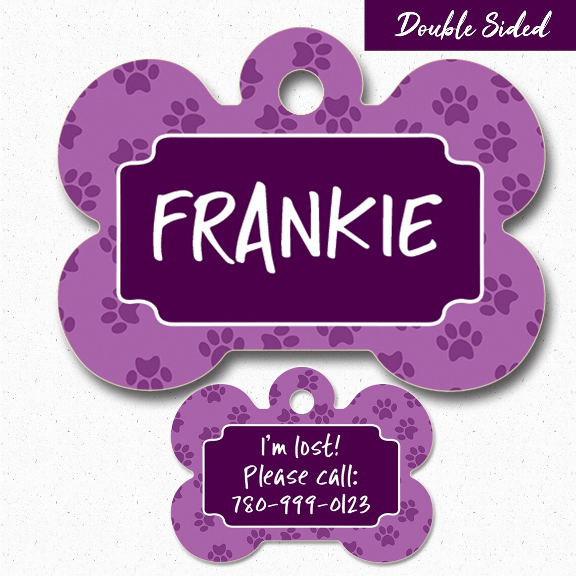 Purple Paw Print Pet ID Tag, Double Sided Bone Shape - Etsy
