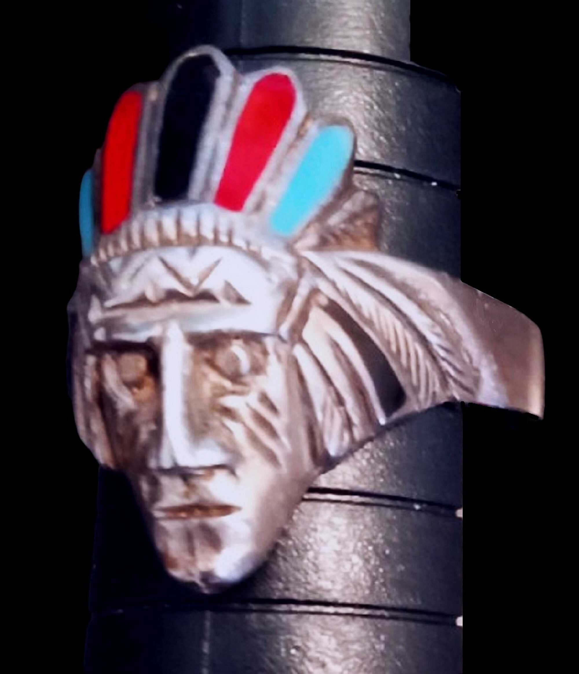 Vintage 1960s to 70s Native American Silver and Enamel Chief Ring ...