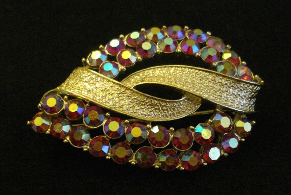 Vintage 1950s Signed Coro Red AB Rhinestones and Gold… - Gem