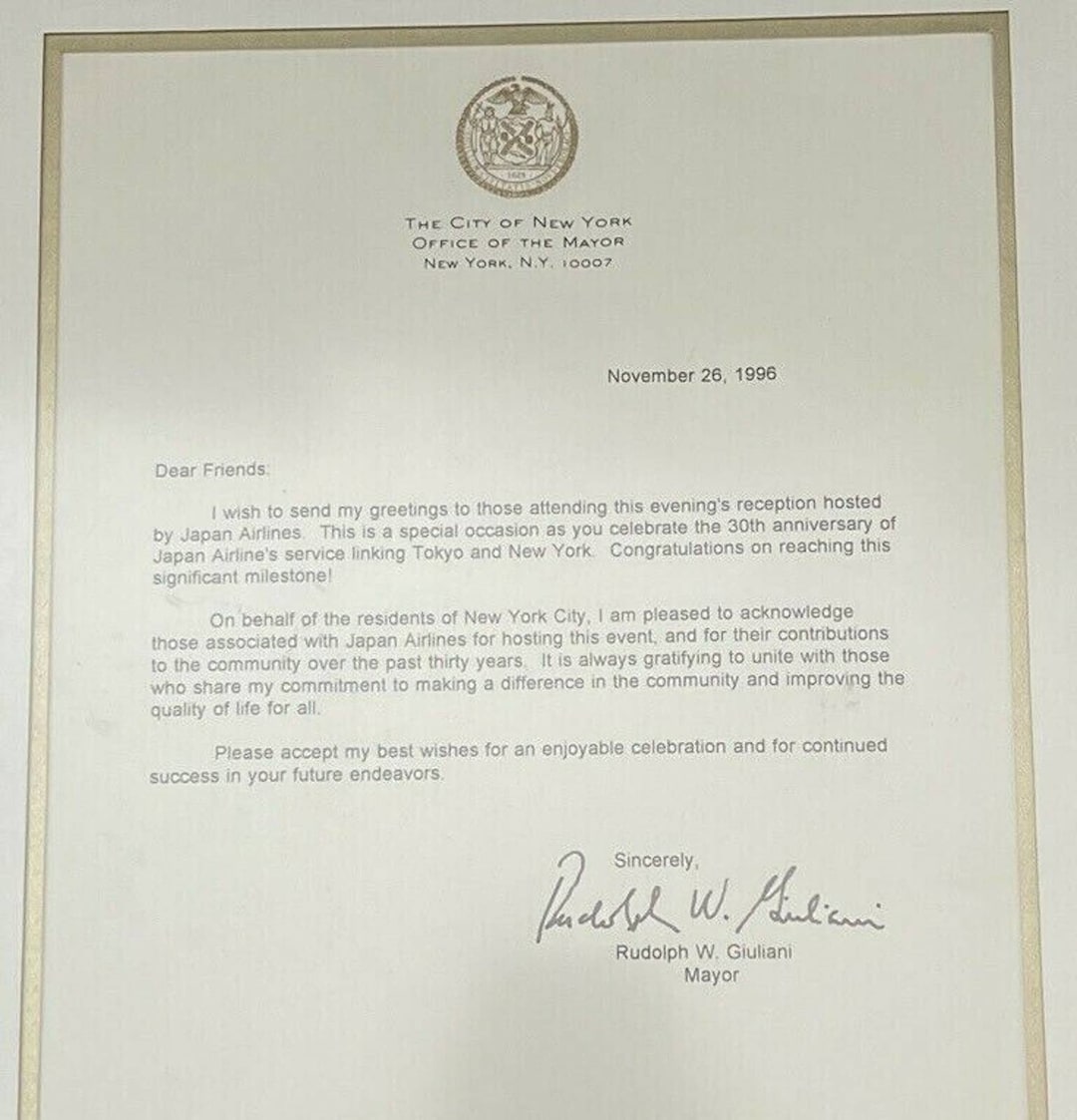 Mayor Rudy Giuliani New York City Letter Signed Signature - Etsy