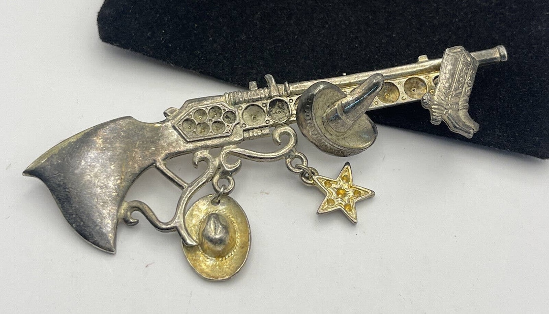 Vintage Brooch Pin Rifle Guns Collage Pop Hat Southwest Silver - Etsy