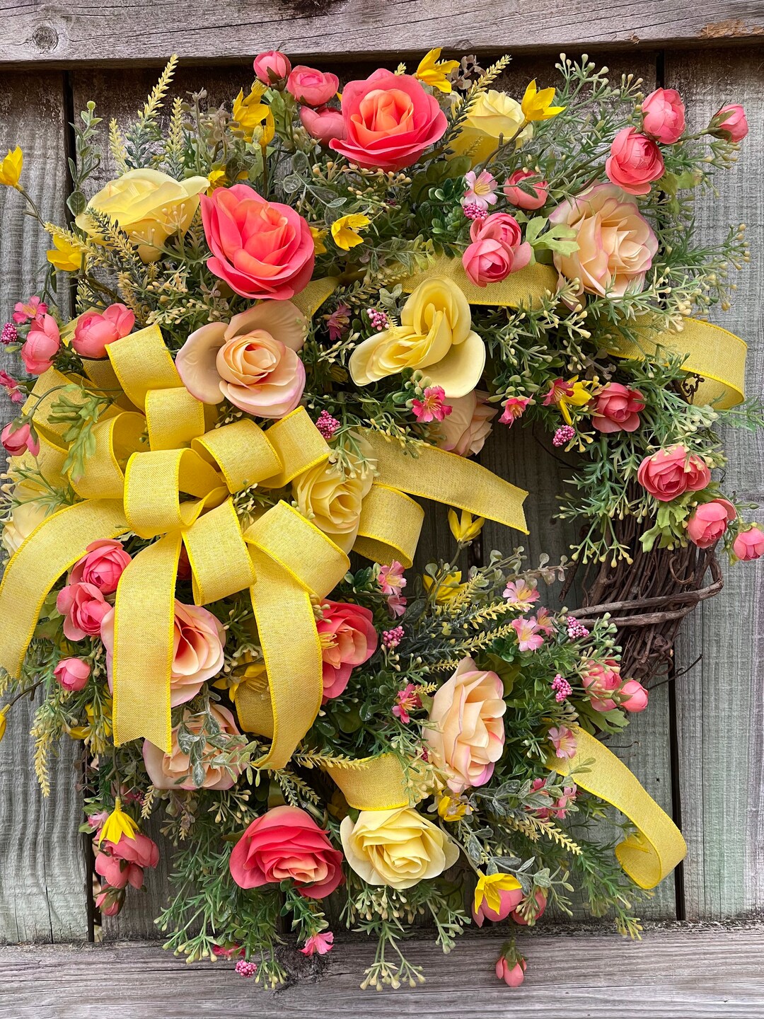 Spring Rose Wreath, Summer Home Decor, Grapevine Wreath, Front Door ...