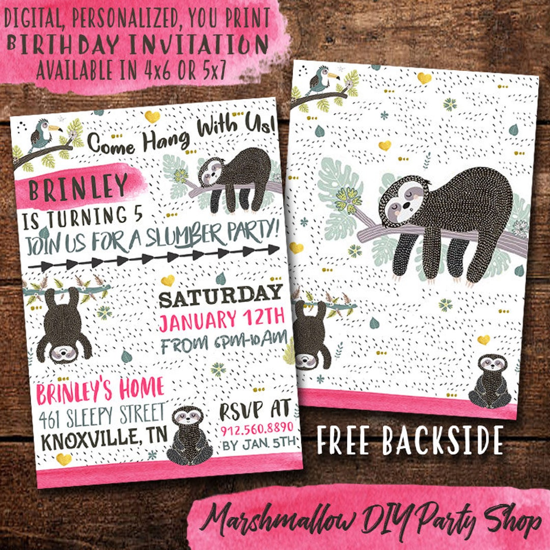 Sloth Birthday Invitation, Sloth Party Invite, Digital-print Yourself ...
