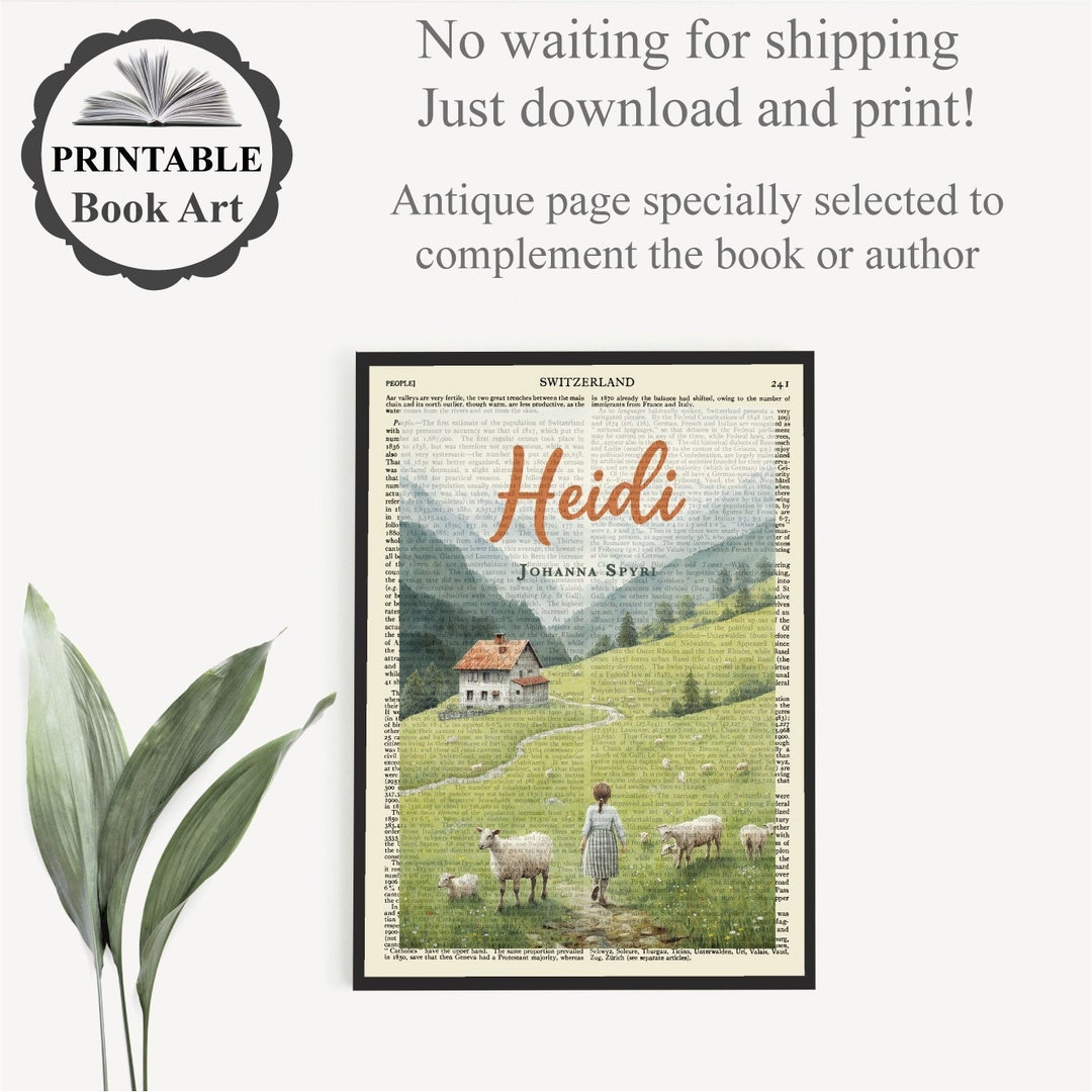 Printable 'heidi' Book Cover Art Print on Antique Page, Johanna Spyri ...