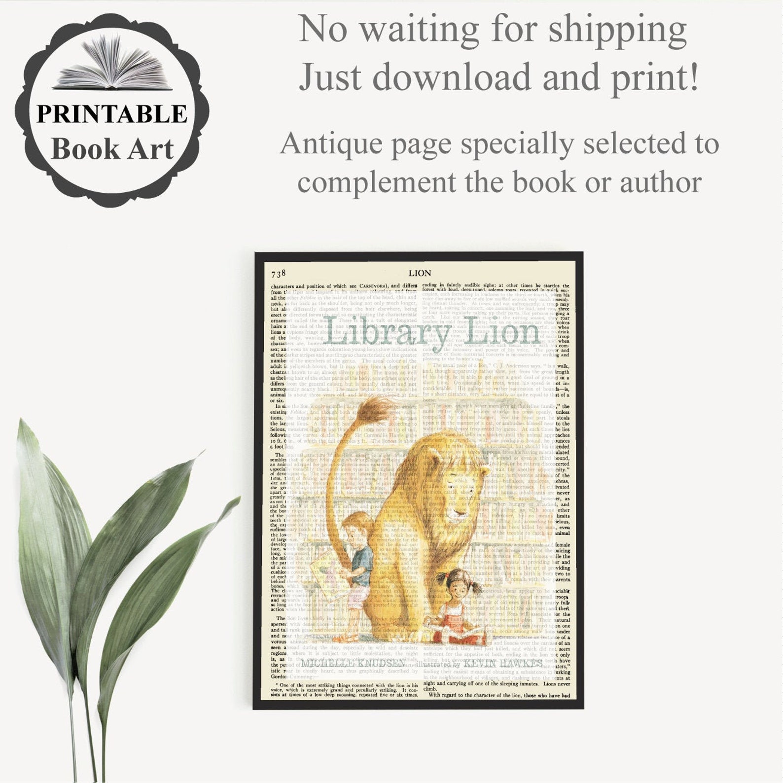 Printable 'library Lion' Book Cover Print on Vintage Page, Childrens ...