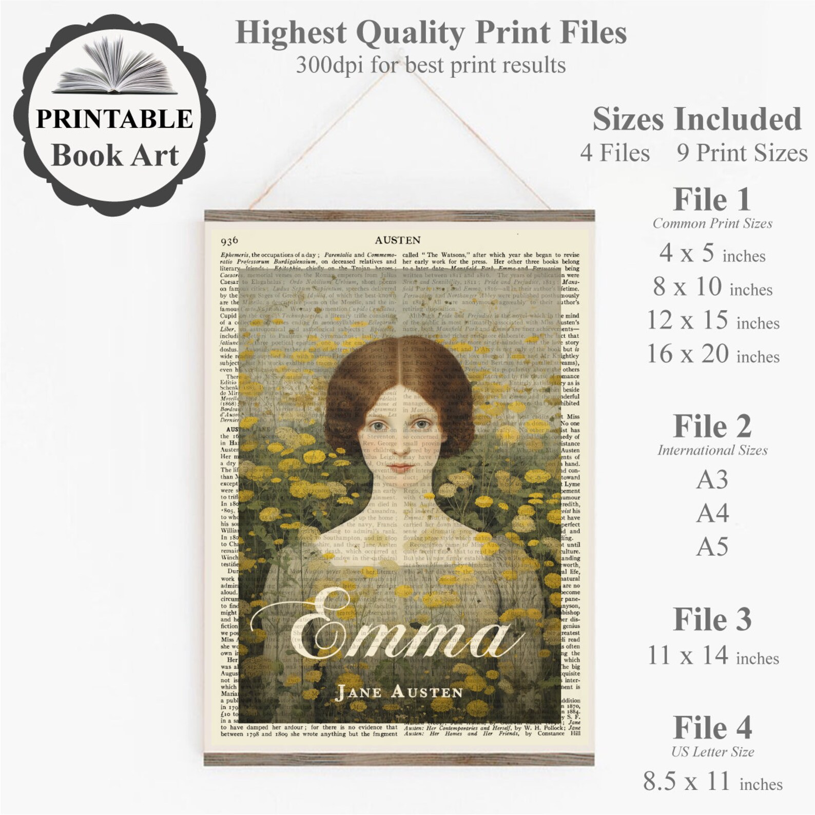 Printable Emma Book Cover Print on Old Page, Jane Austen Fan Gift ...