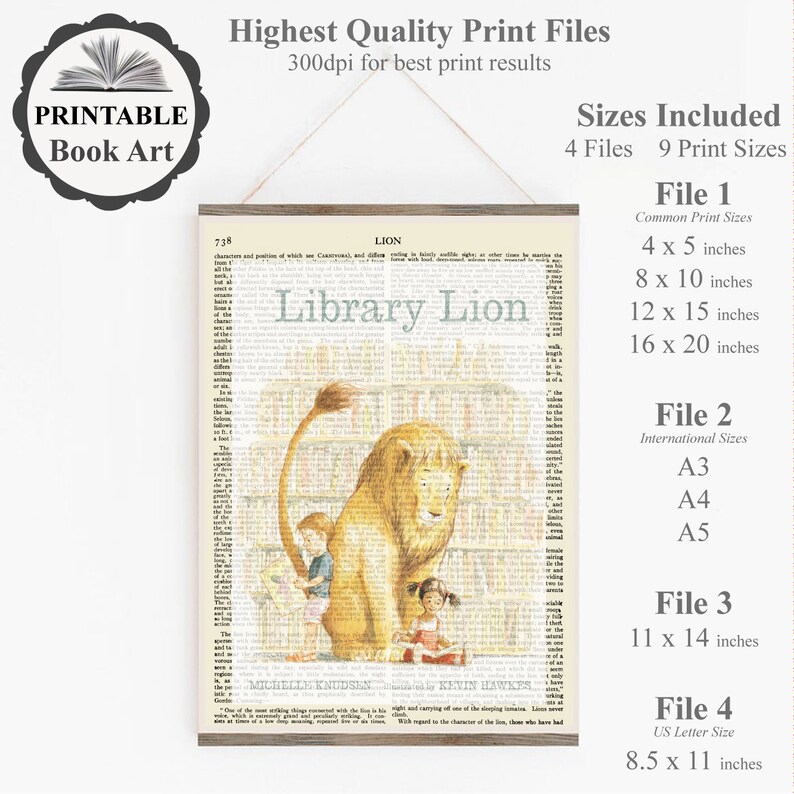 Printable 'library Lion' Book Cover Print on Vintage Page, Childrens ...
