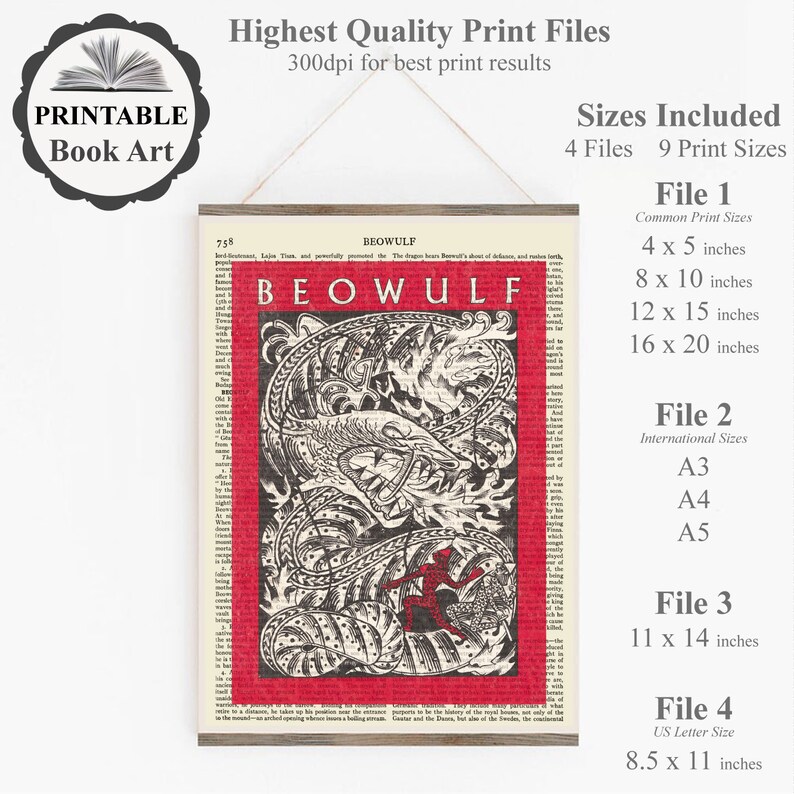 Printable 'beowulf' Book Cover Print on Vintage Page, Printable Gift ...