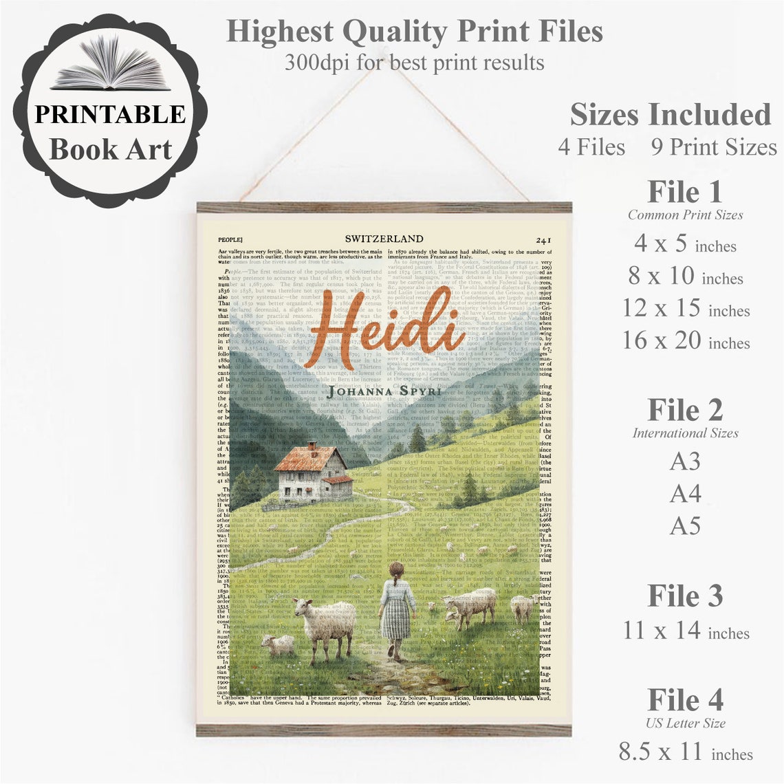 Printable 'heidi' Book Cover Art Print on Antique Page, Johanna Spyri ...
