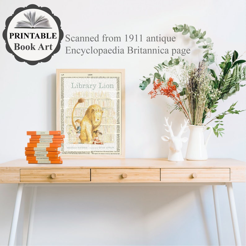 Printable 'library Lion' Book Cover Print on Vintage Page, Childrens ...
