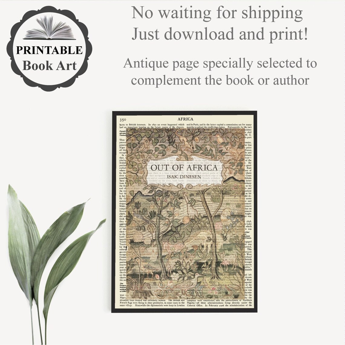 Printable 'out of Africa' Book Cover Art Print on a Vintage Page, Isak ...