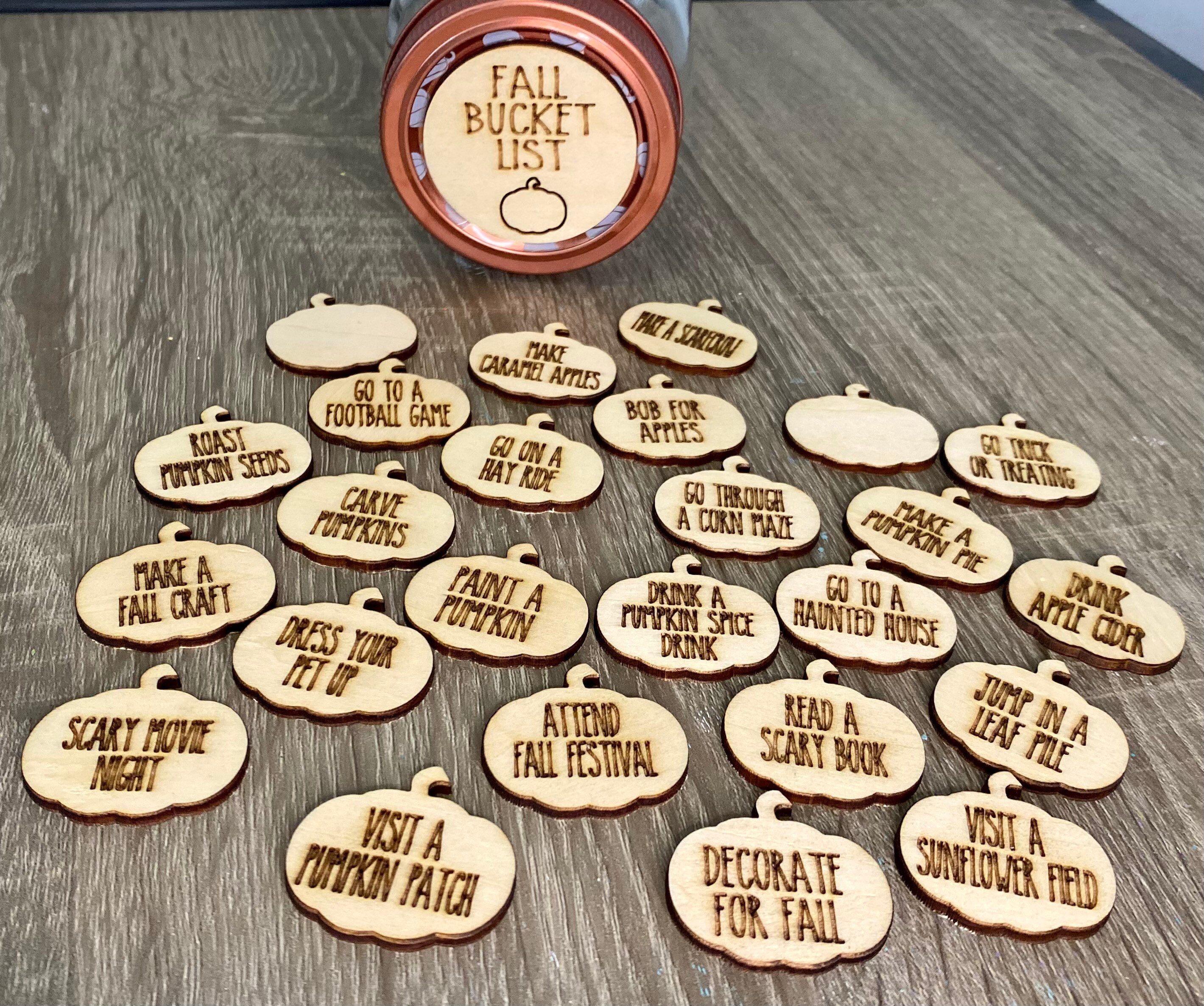 Wood Fall Token Jar Fall Bucket List Wooden Fall Tokens - Etsy