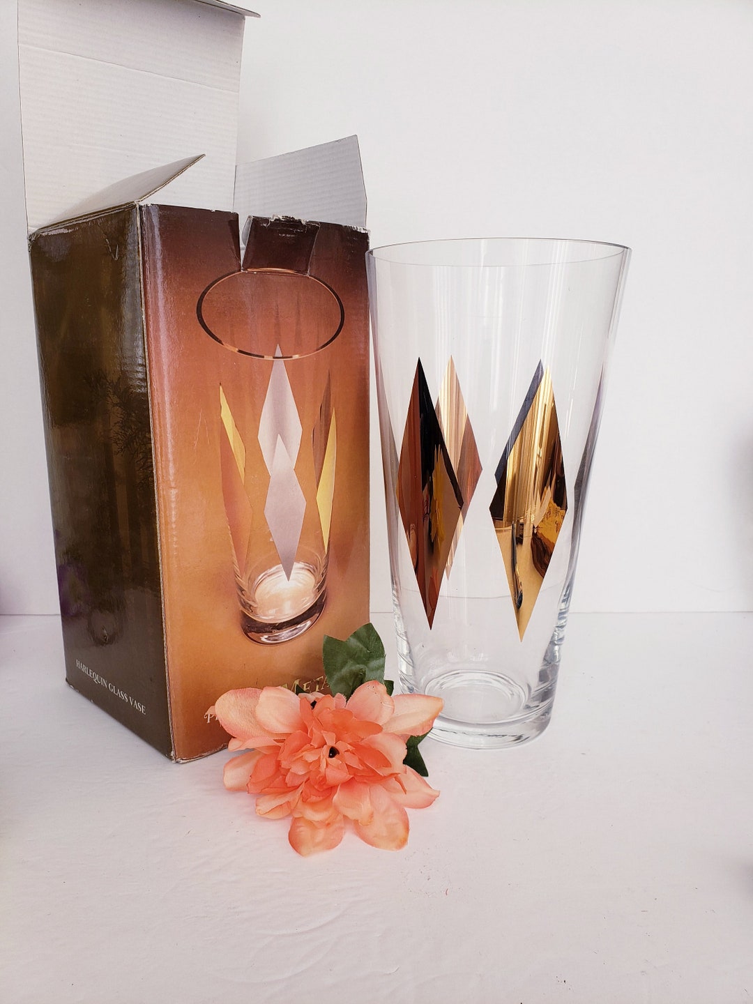 Precious Metals Harlequin Glass Vase, Gold, Silver and Cooper Diamonds ...