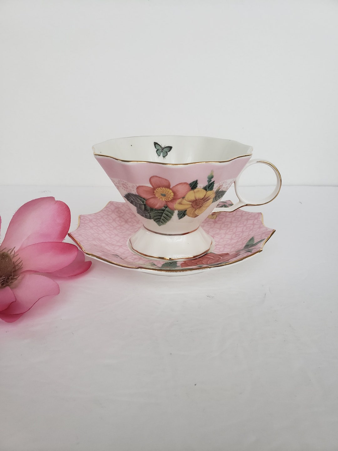 Meritage China Floral Tea Cup and Saucer, Red Rose and Butterfly - Etsy