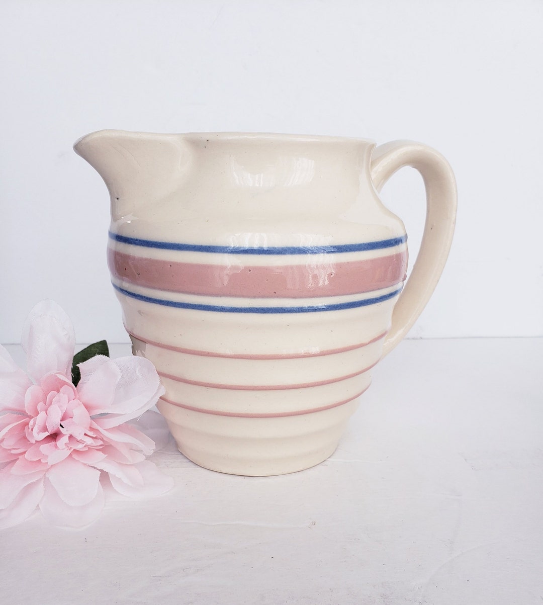 Vintage Mccoy Stoneware Ribbed Beehive Pitcher, Blue and Pink Stripes ...