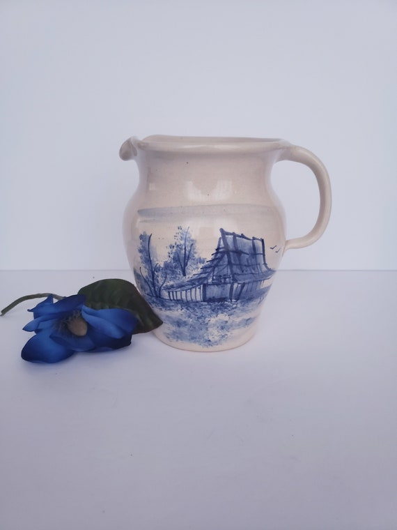 Vintage Casey Pottery Hand Painted Pitcher Blue Barn Scene | Etsy