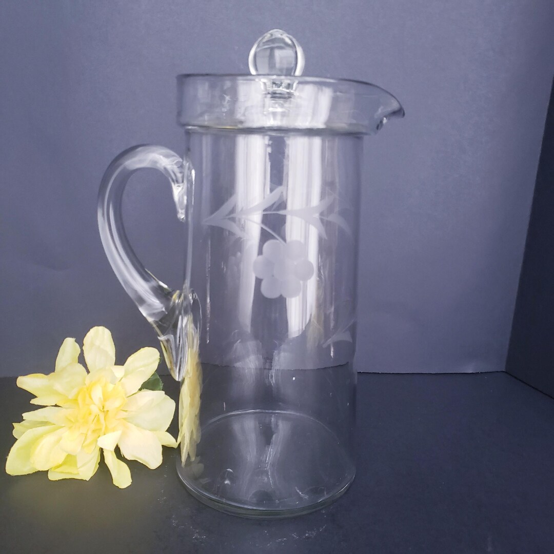Tall Glass Carafe/pitcher Flowers and Vine Etched With Lid - Etsy