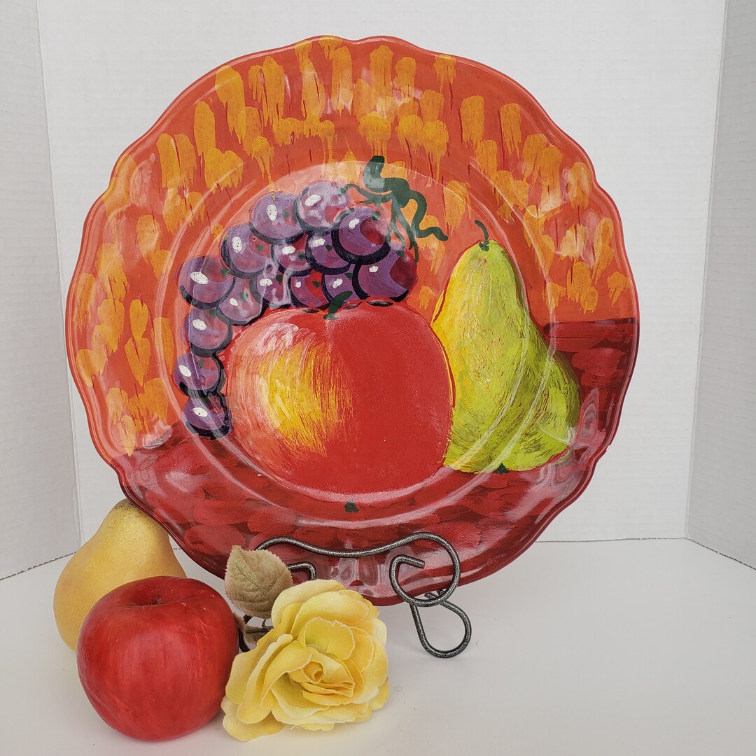 Bellini Hand Painted Serving Platter, Bright Red With Fruit, 12 Inches ...