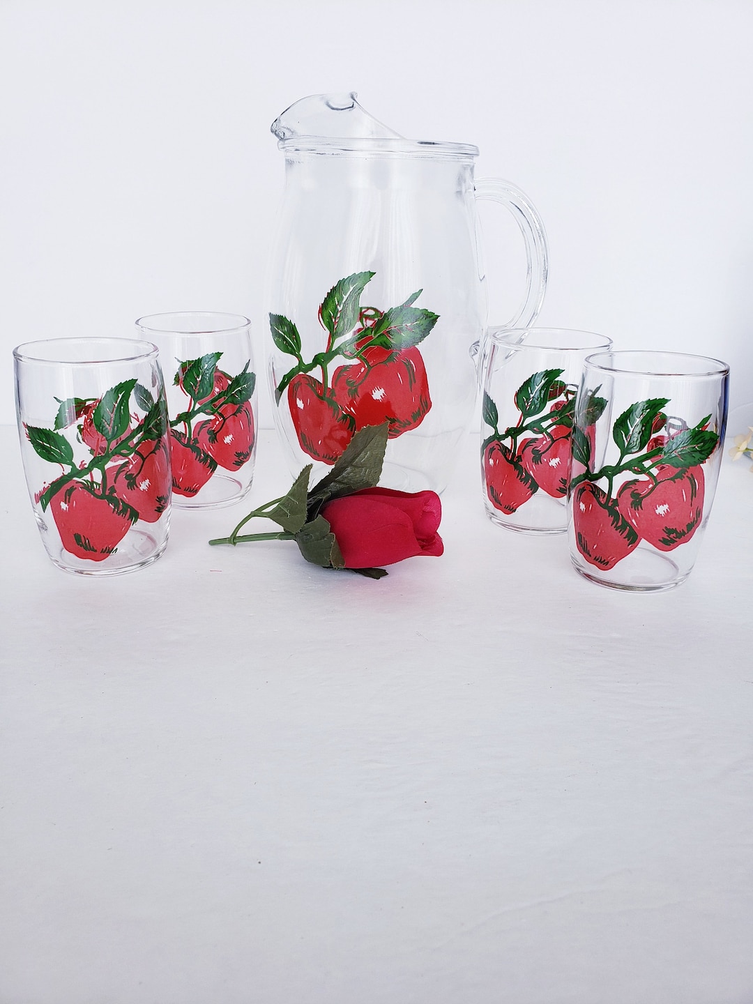 Vintage Clear Glass Hand Painted Apples and Branches Ice Lip Pitcher ...
