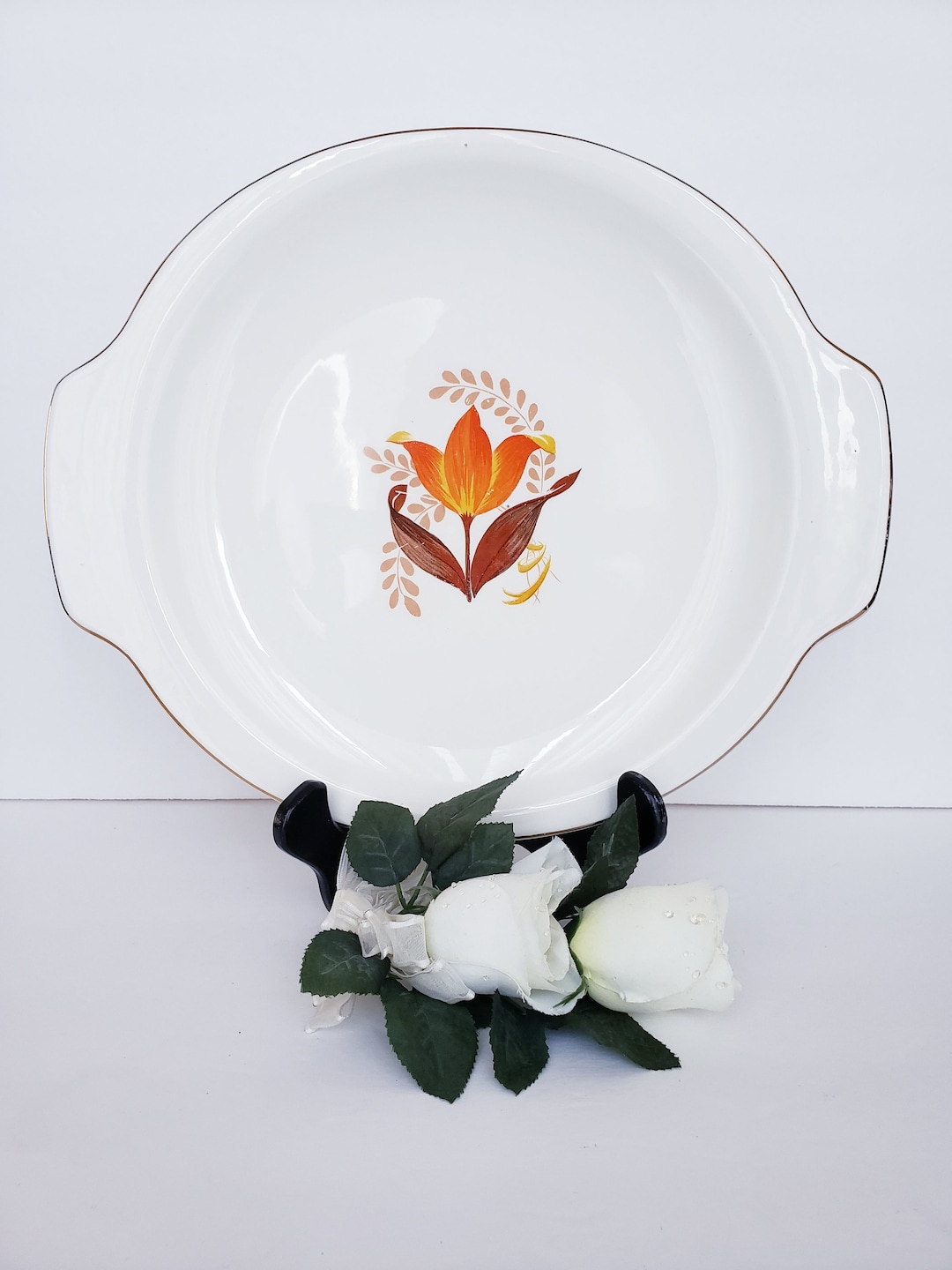 Harker Bakerite Modern Orange Tulip Design 22K Gold Rim Platter, 1940's ...