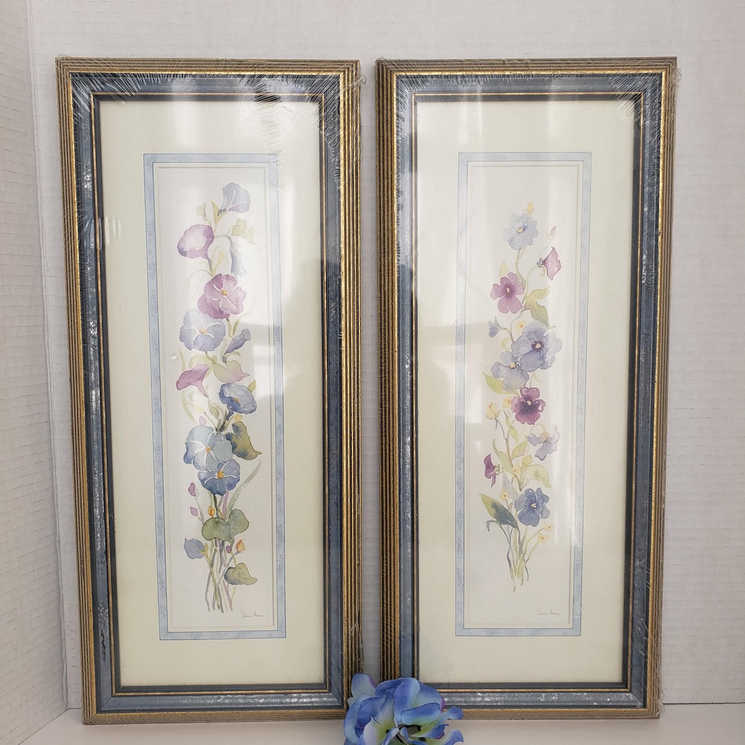 Set of 2 Sarah Harley Floral Bouquets Watercolor Prints, Blue and Gold ...