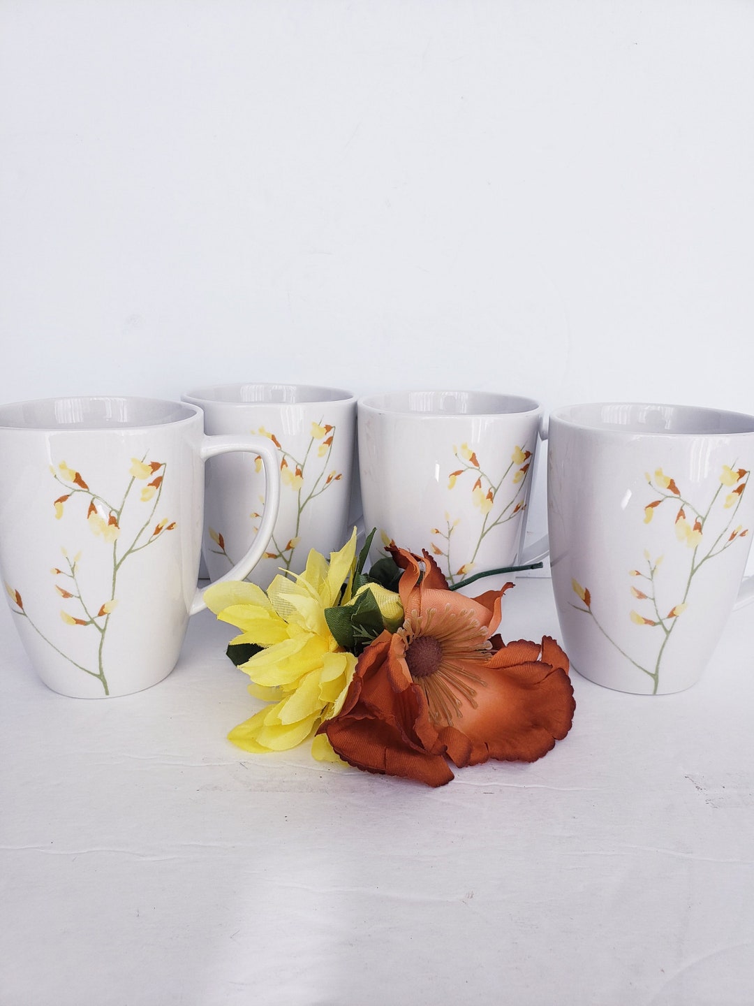 Set of 4 Corning/corelle Kobe Porcelain Mugs, Square, Yellow Floral ...