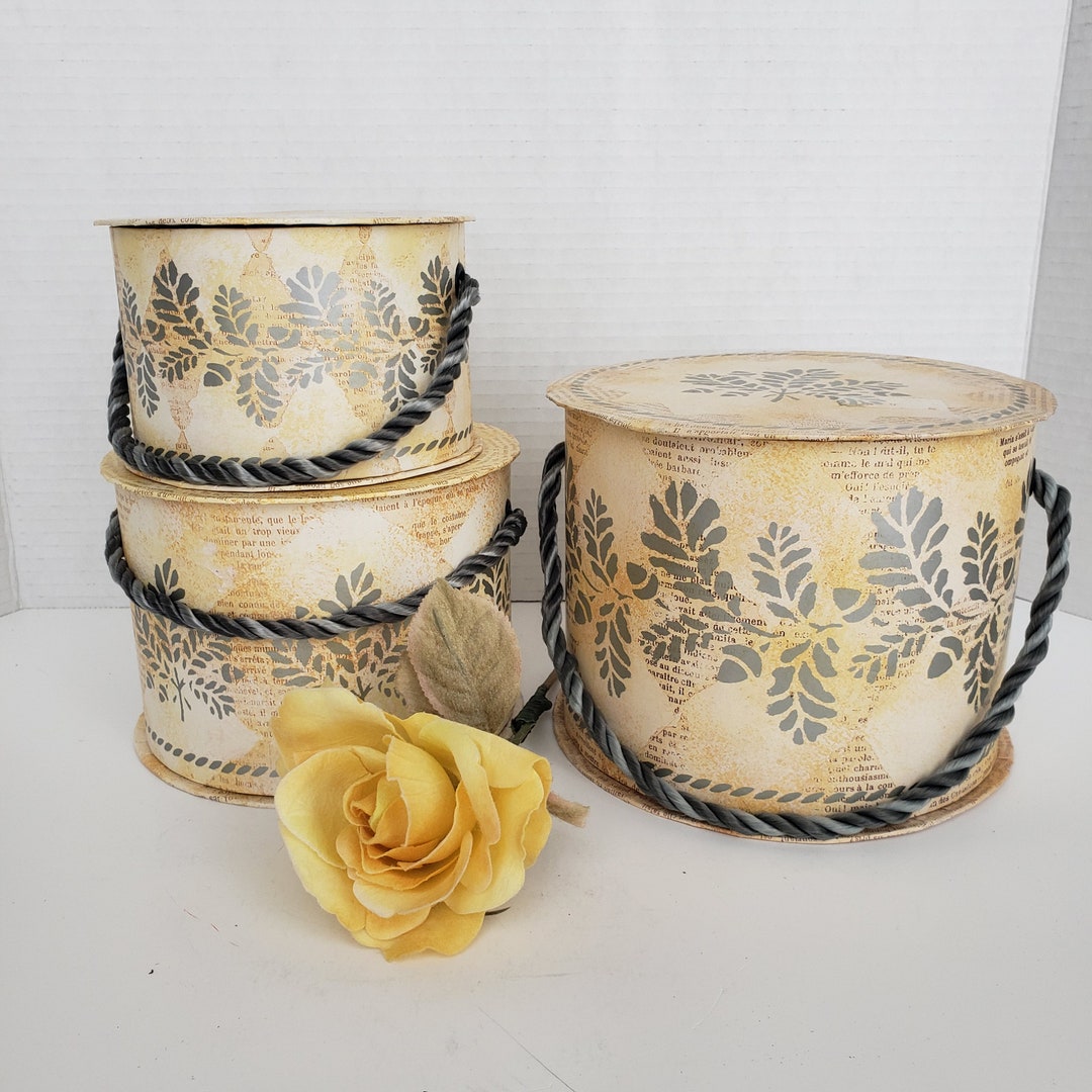 Set of 3 Mille Feuille Round Nesting Boxes With Rope Handles, Pale ...