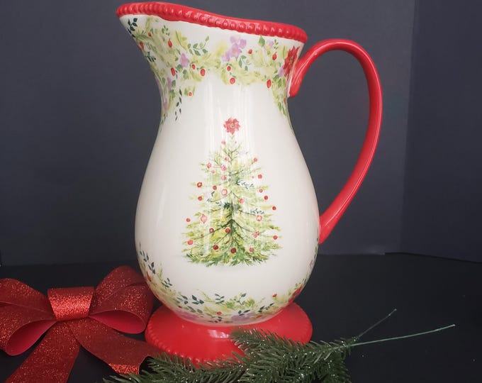 Pioneer Woman Holiday Cheer Christmas Tree and Floral Pitcher, Red Trim ...