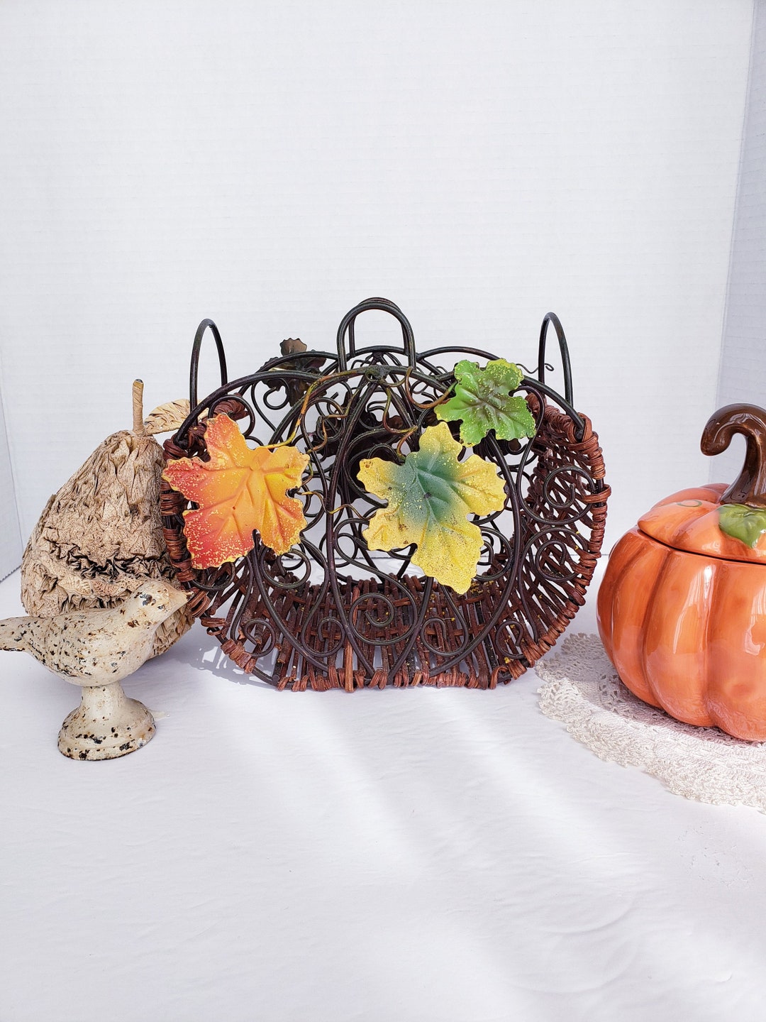 Wire and Rattan Pumpkin Shaped Basket Fall Colored Leaves - Etsy