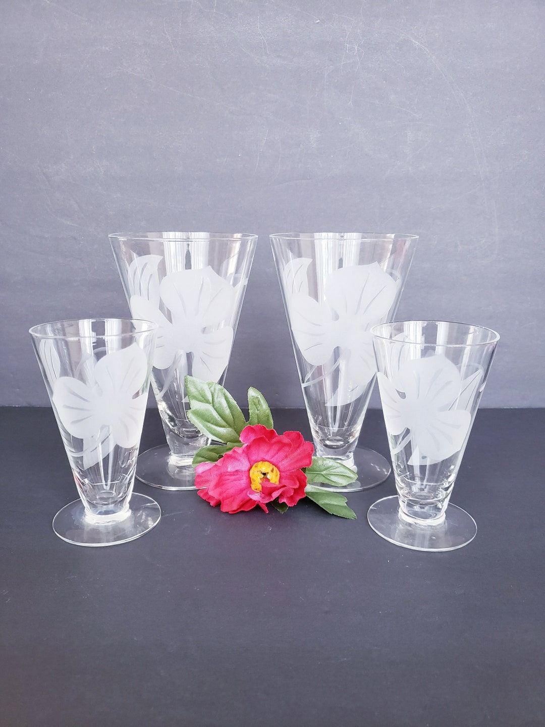 Set of 4 Etched Clear Glass Parfait Glasses, Etched Leaves, 2 Large and ...
