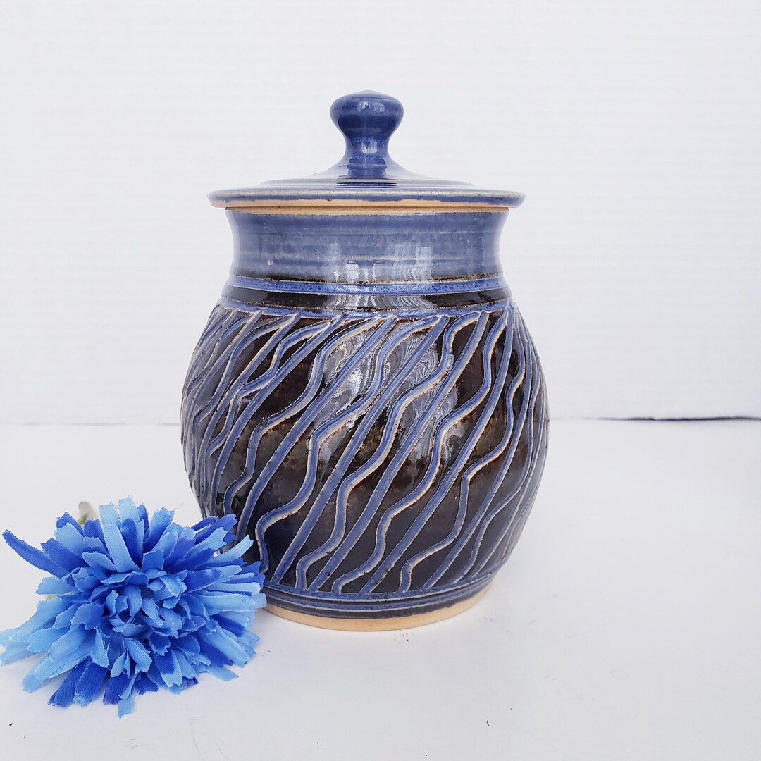 Studio Art Pottery Jar With Lid, Blue Swirl Design, Signed Moran, 1984 ...
