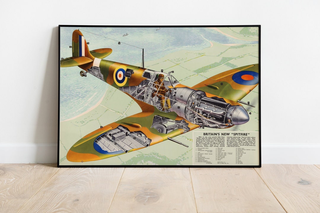 Spitfire Aircraft Print Vintage WWII Military Poster, Aviation Wall Art ...