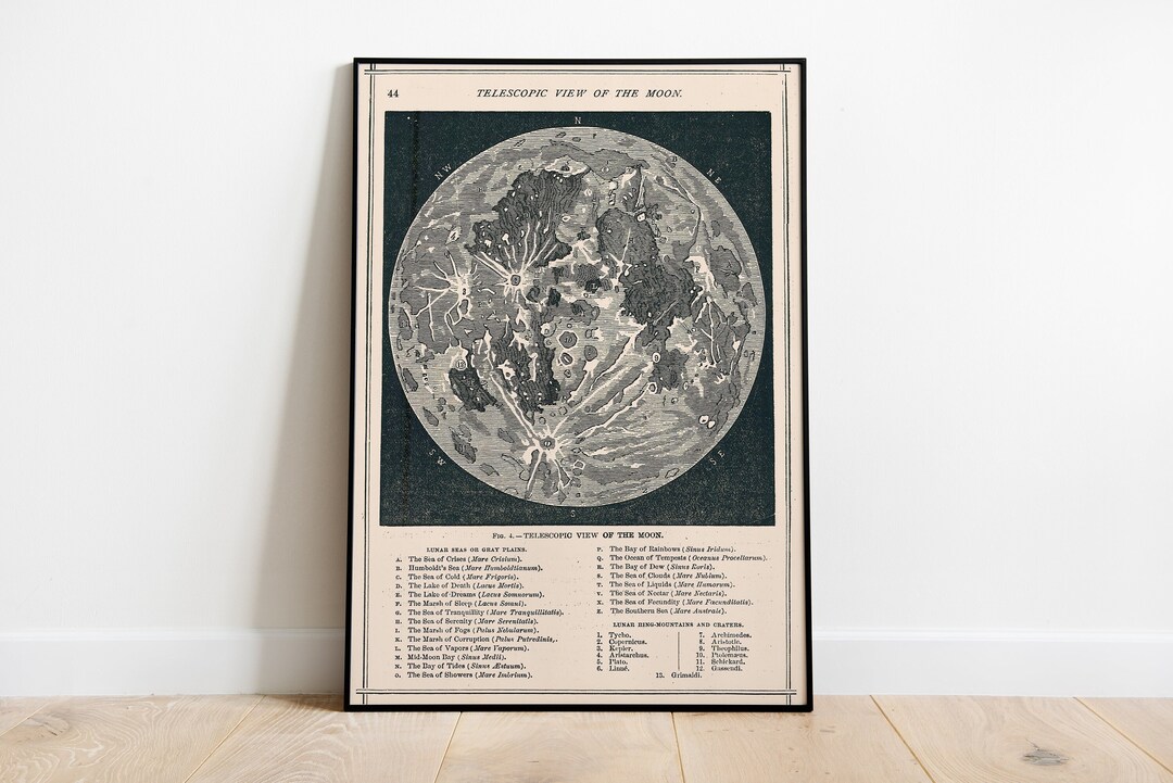 Moon Map Poster , Antique Moon Print, Vintage Lunar Map of the Moon ...