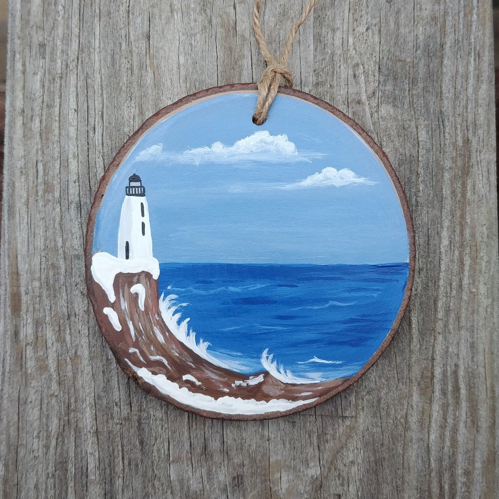Lighthouse Wood Slice Ornament, Rustic Wood Decor, Wooden Ornament ...