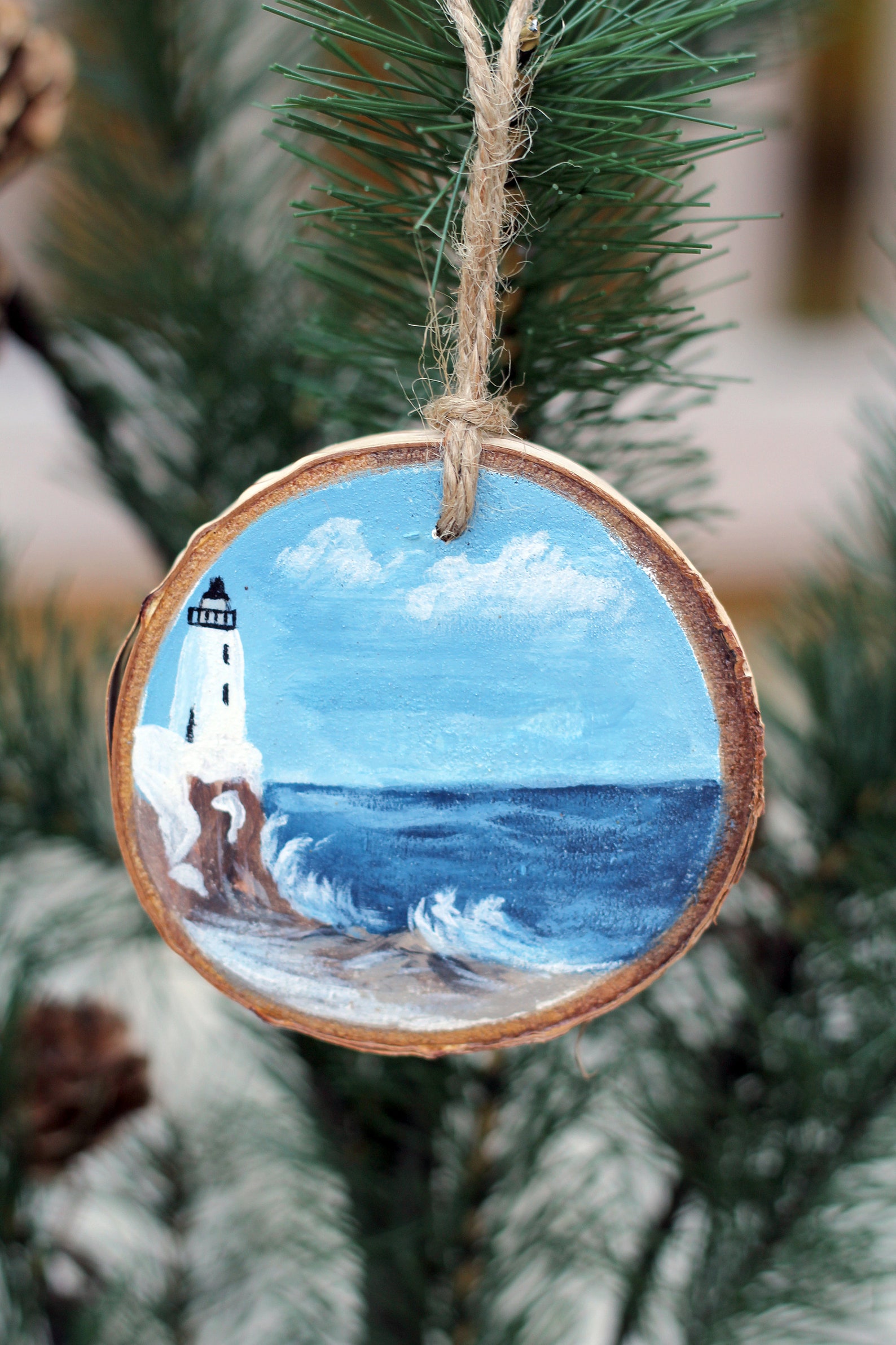 Lighthouse Wood Slice Ornament, Rustic Wood Decor, Wooden Ornament ...
