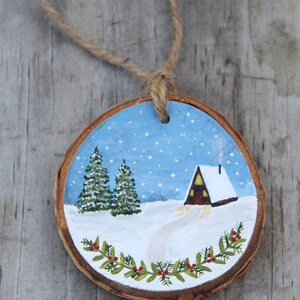 Snowy A-frame Cabin Wood Slice Ornament, Rustic Ornament, Wooden ...