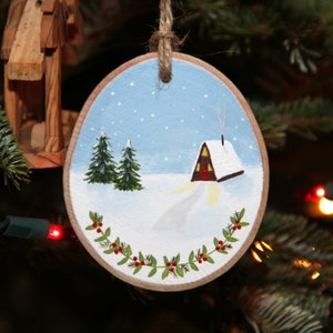 Snowy A-frame Cabin Wood Slice Ornament, Rustic Ornament, Wooden ...